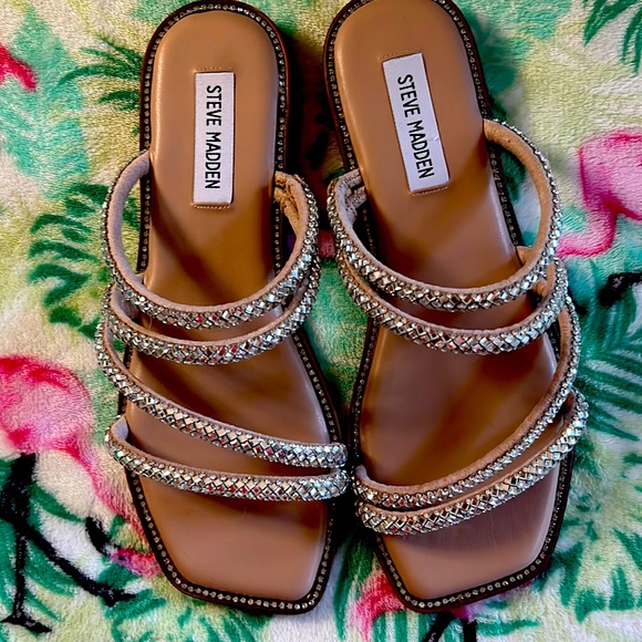 Steve Madden | Shoes | Tan Slides Sandals With Rhinestones | Poshmark